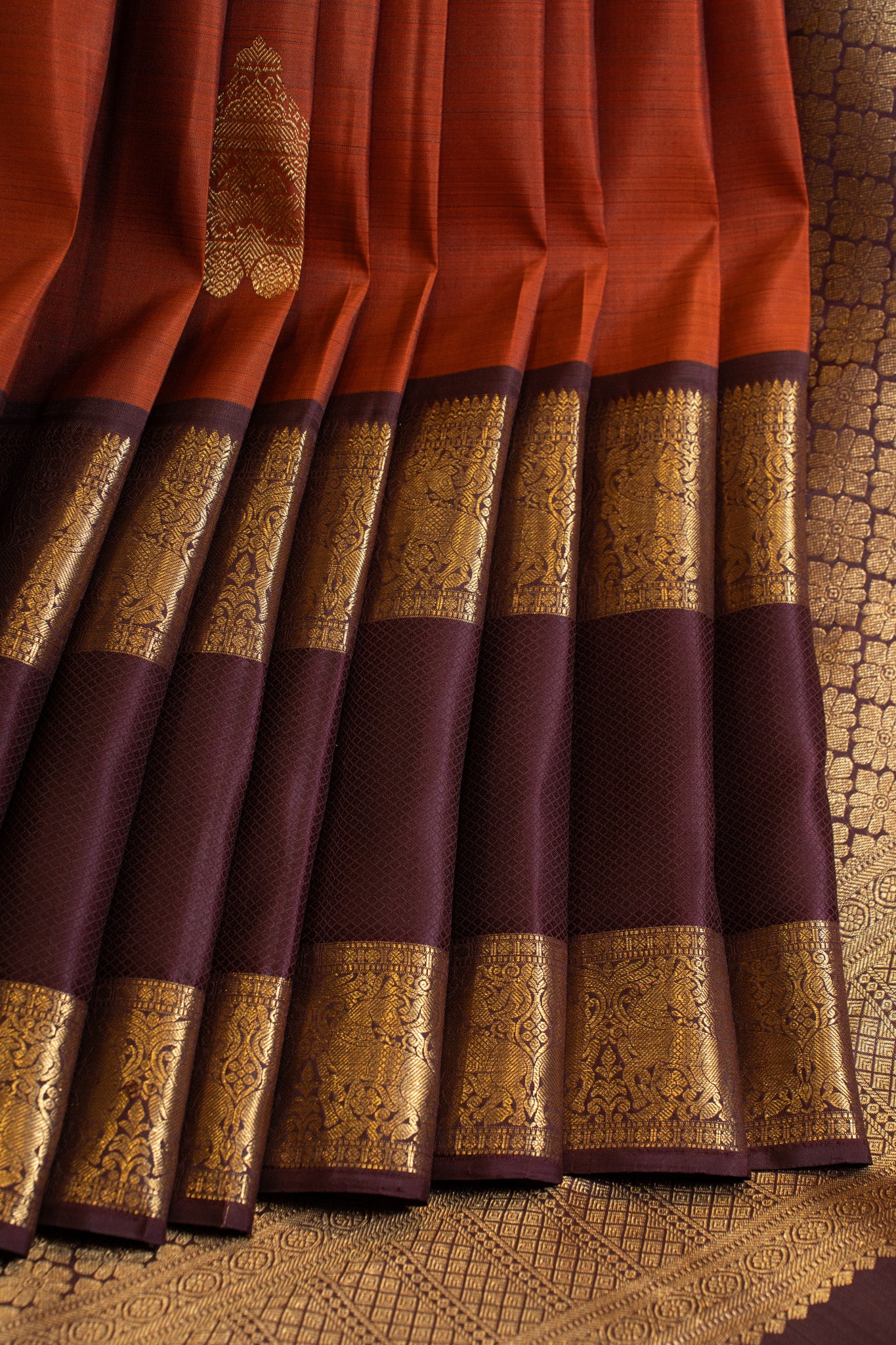 Rust orange and brown traditional pure Kanchipuram silk saree | Clio Silks