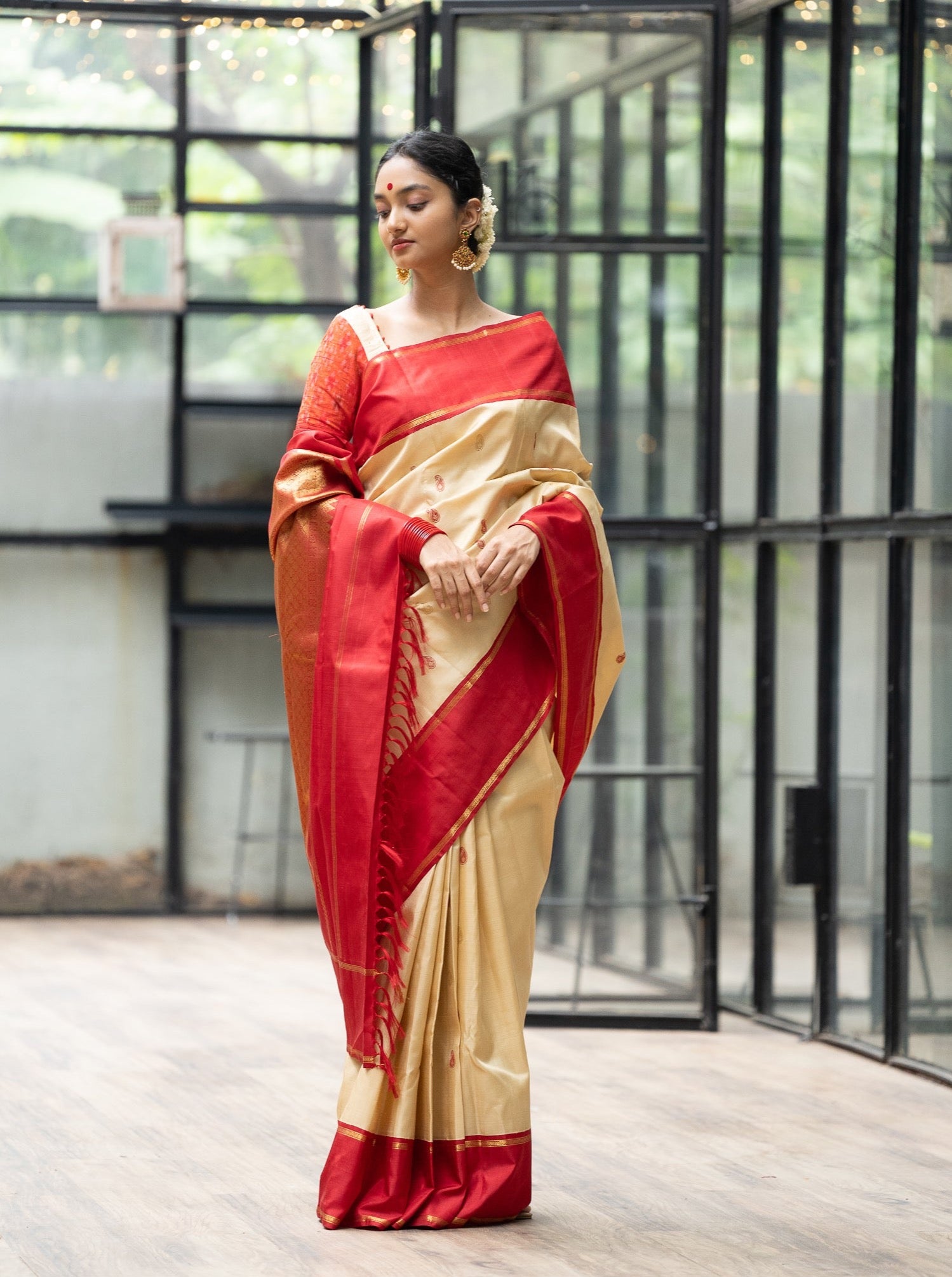 Cosmic Latte Cream and Red Pure Kanchipuram Silk Saree