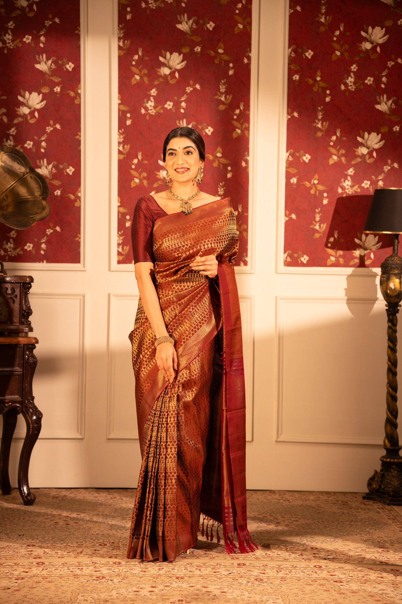 Rust maroon pure zari brocade Kanchipuram silk saree | Clio Silks