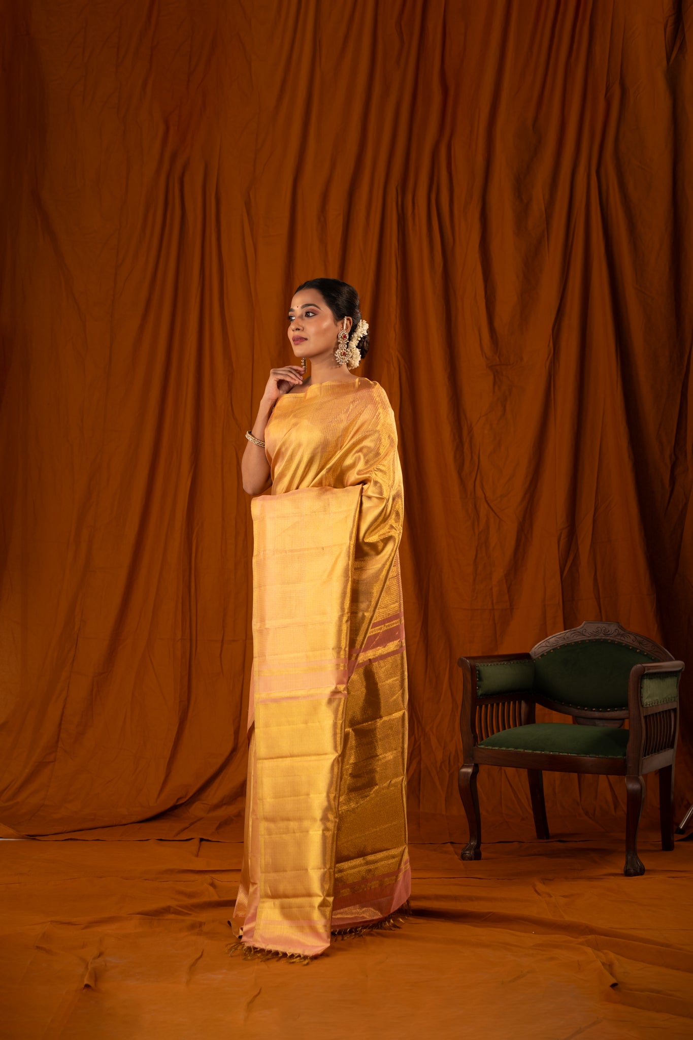 Gold and Peach Tissue Ettu Kol Pure Zari Kanchipuram Silk Saree ...