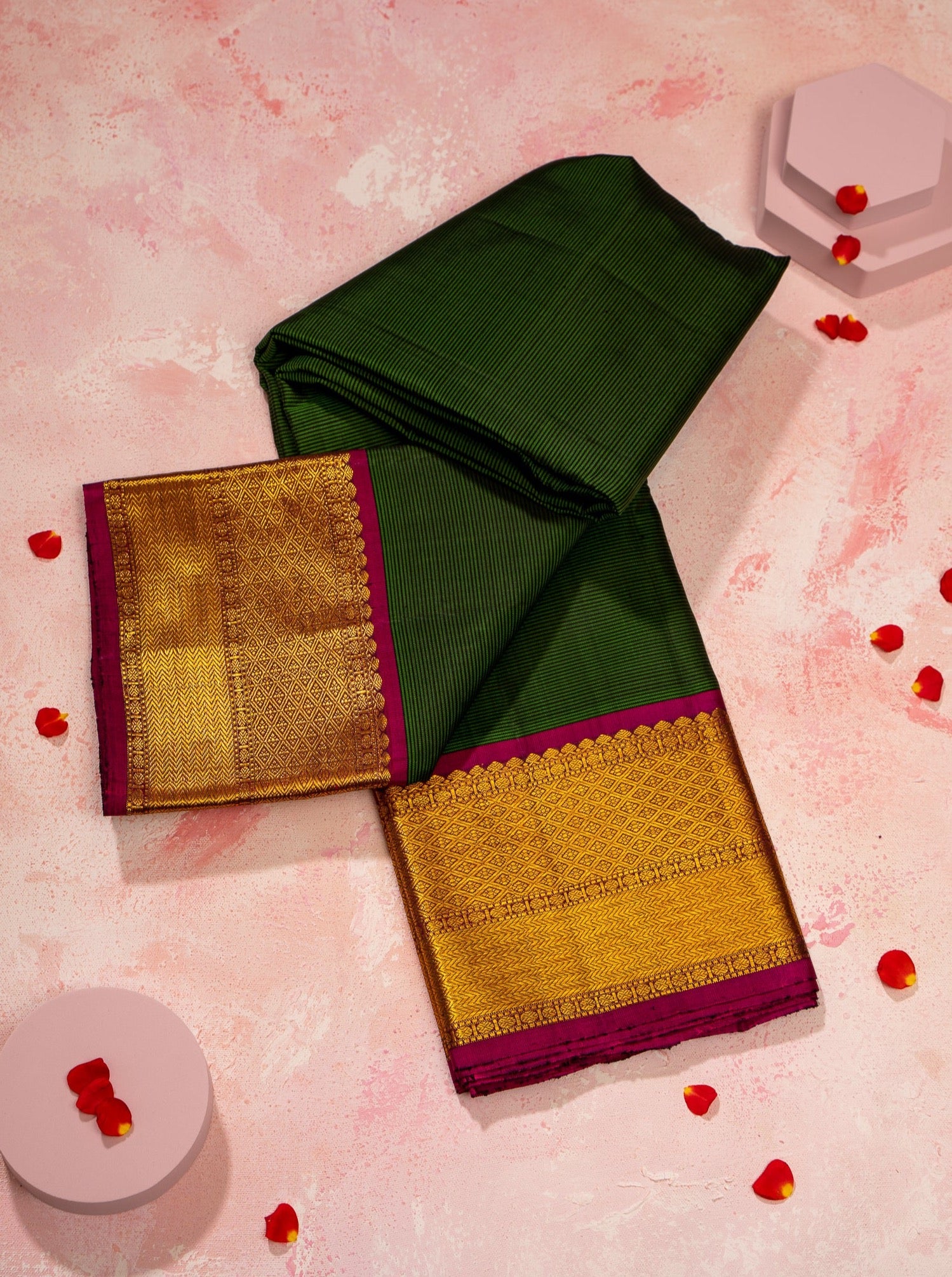 Bottle Green Pattu Stripes Traditional Pure Kanjivaram Silk Sari – Clio ...