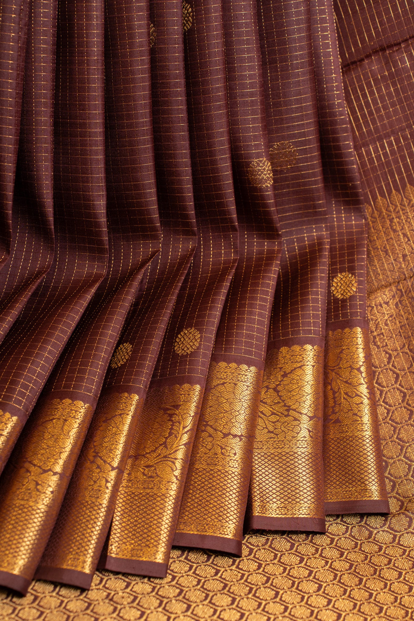 Walnut brown Muthu zari checks pure Kanchipuram silk saree | Clio Silks