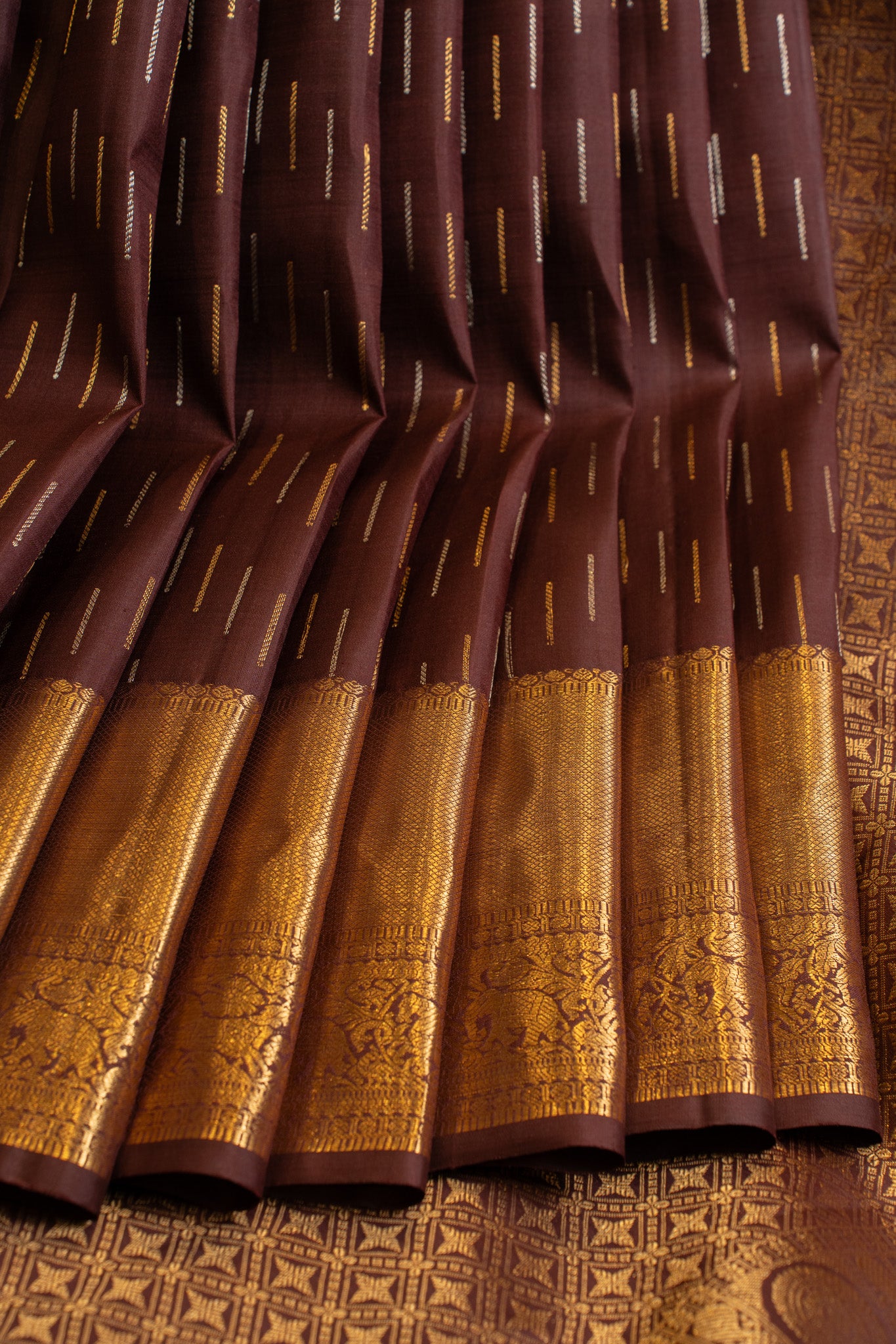 Brown raindrop zari motifs pure Kanchipuram Silk saree | Clio Silks