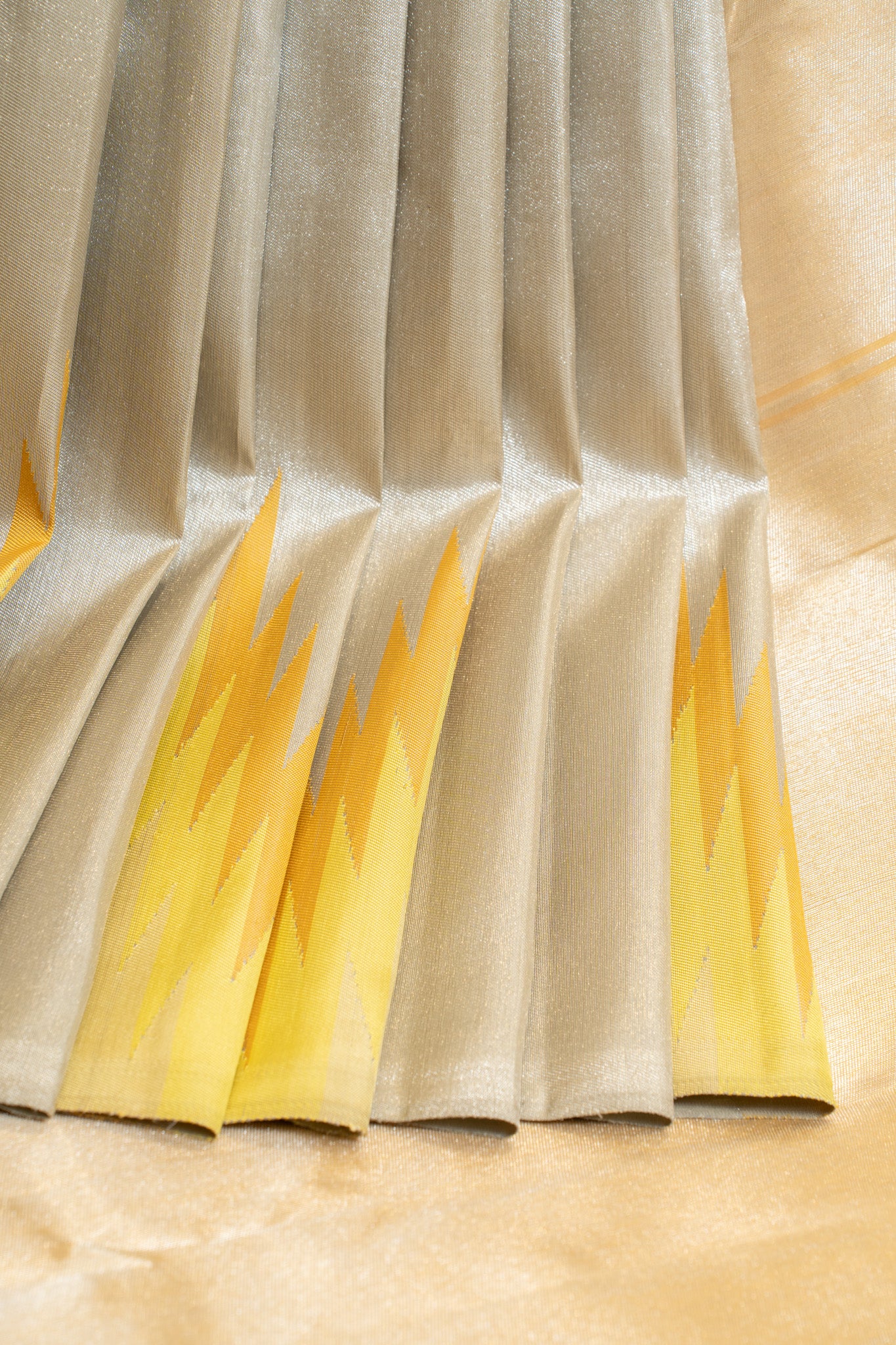 Grey tissue and yellow 8 Kol pure Kanchipuram silk saree | Clio Silks