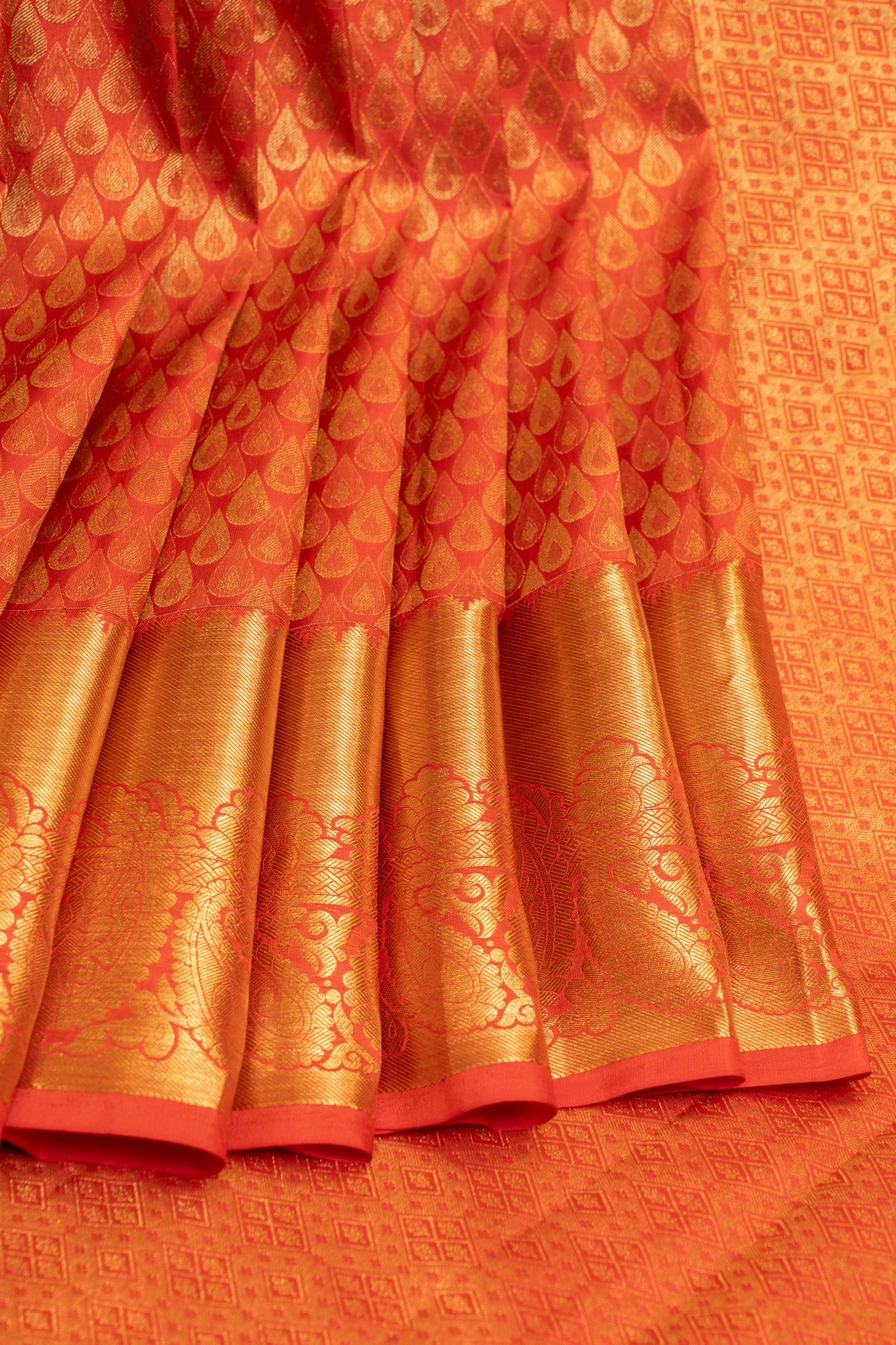 Orange rain drop brocade pure Kanchipuram silk saree | Clio Silks