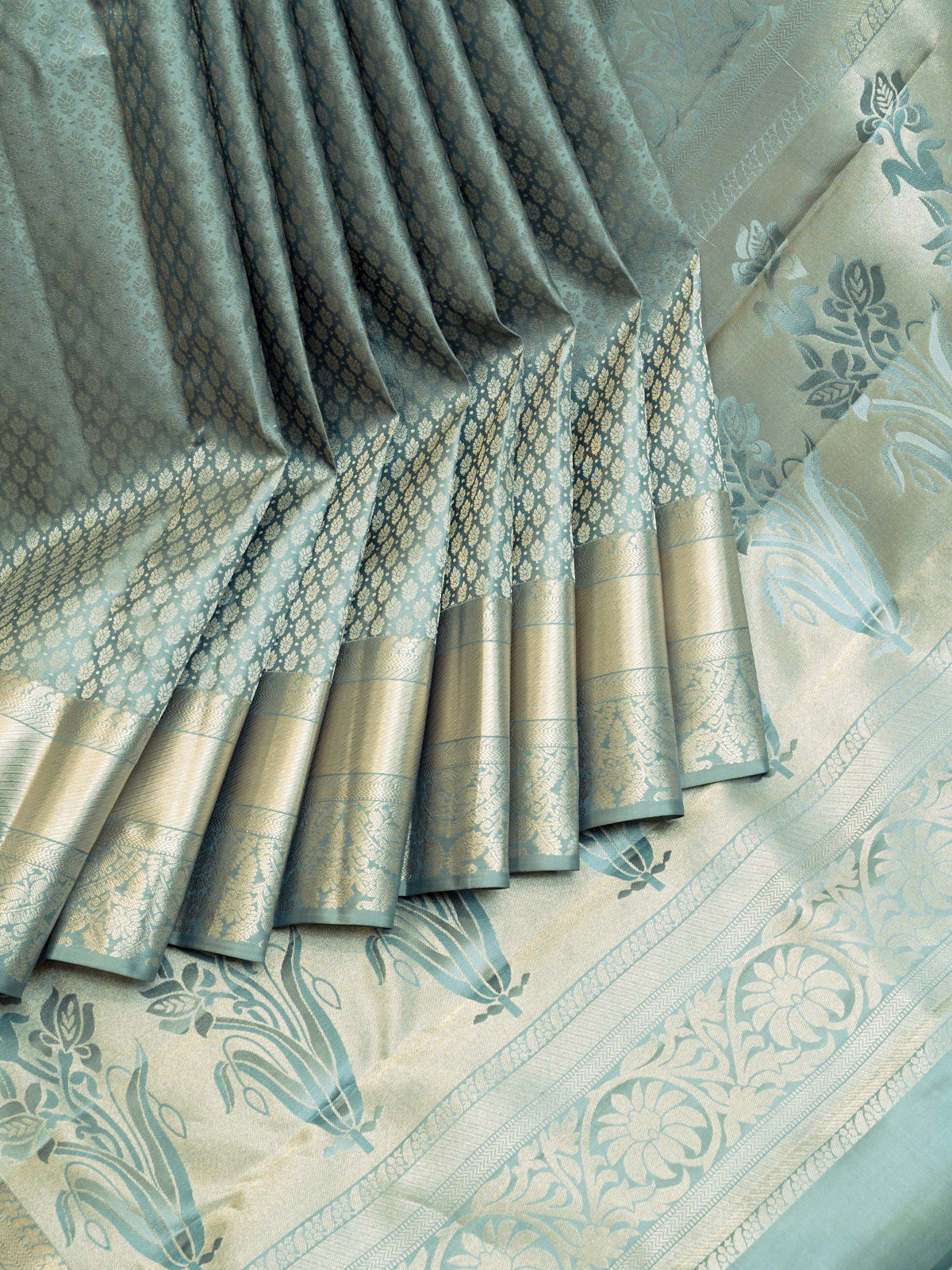 Bluish Grey Thilakam Brocade Pure Kanchipuram Silk Saree-Clio Silks