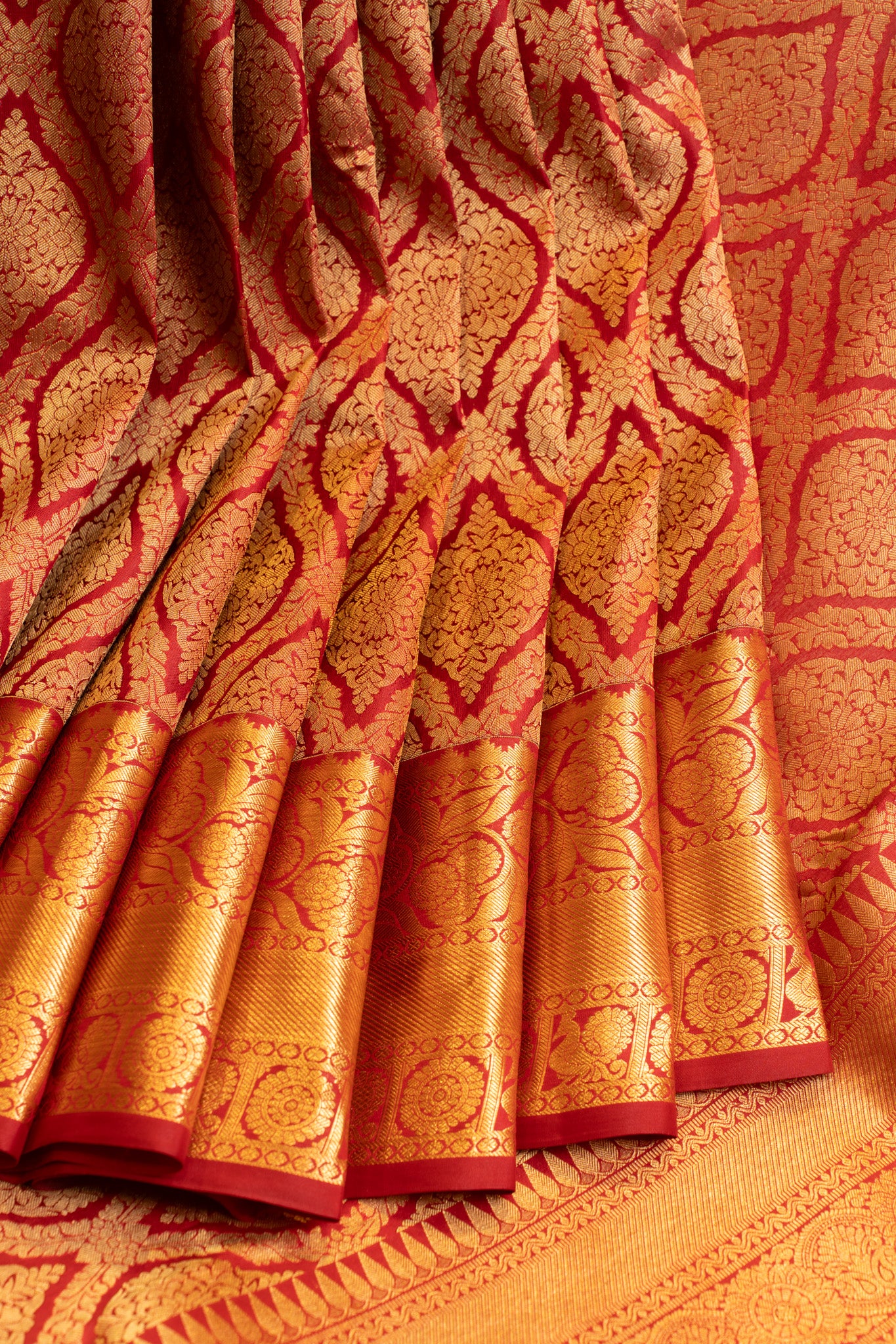 Red thilakam floral brocade pure Kanchipuram silk saree | Clio Silks