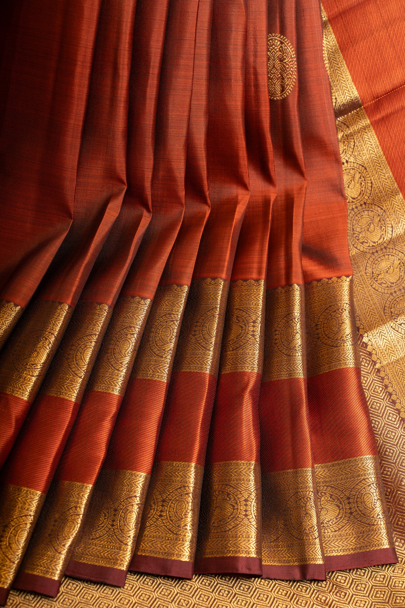 Maroon and rust orange pure Kanchipuram silk saree | Clio Silks