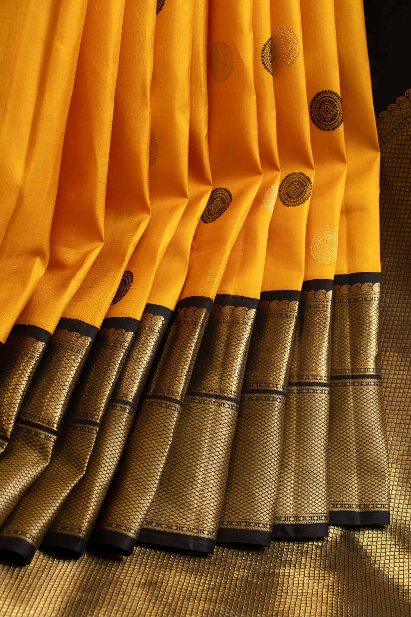 Yellow and black thread work pure zari Kanchipuram silk saree | Clio Silks