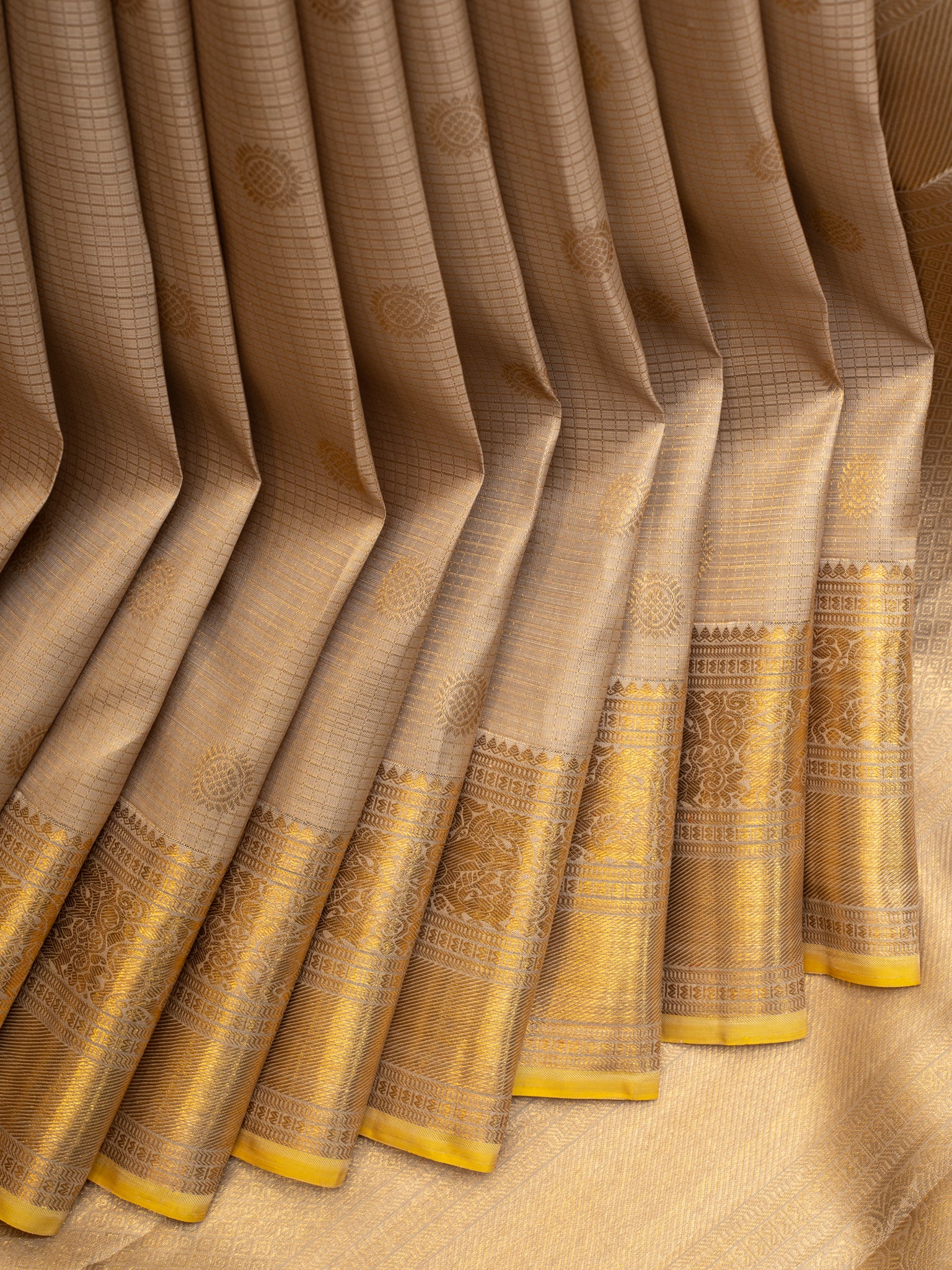 Champagne gold zari checks pure Kanchipuram silk saree | Clio Silks
