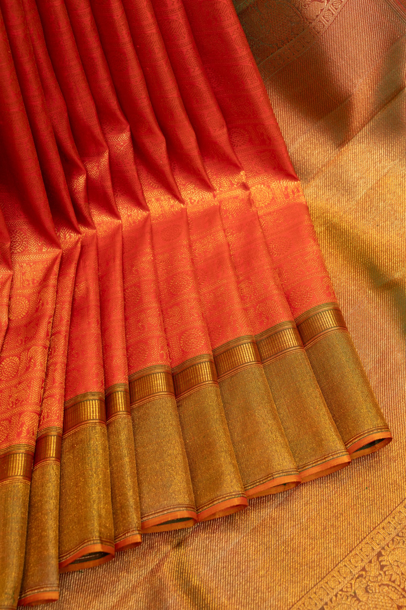 Vermillion red pure zari brocade Kanchipuram silk saree | Clio Silks