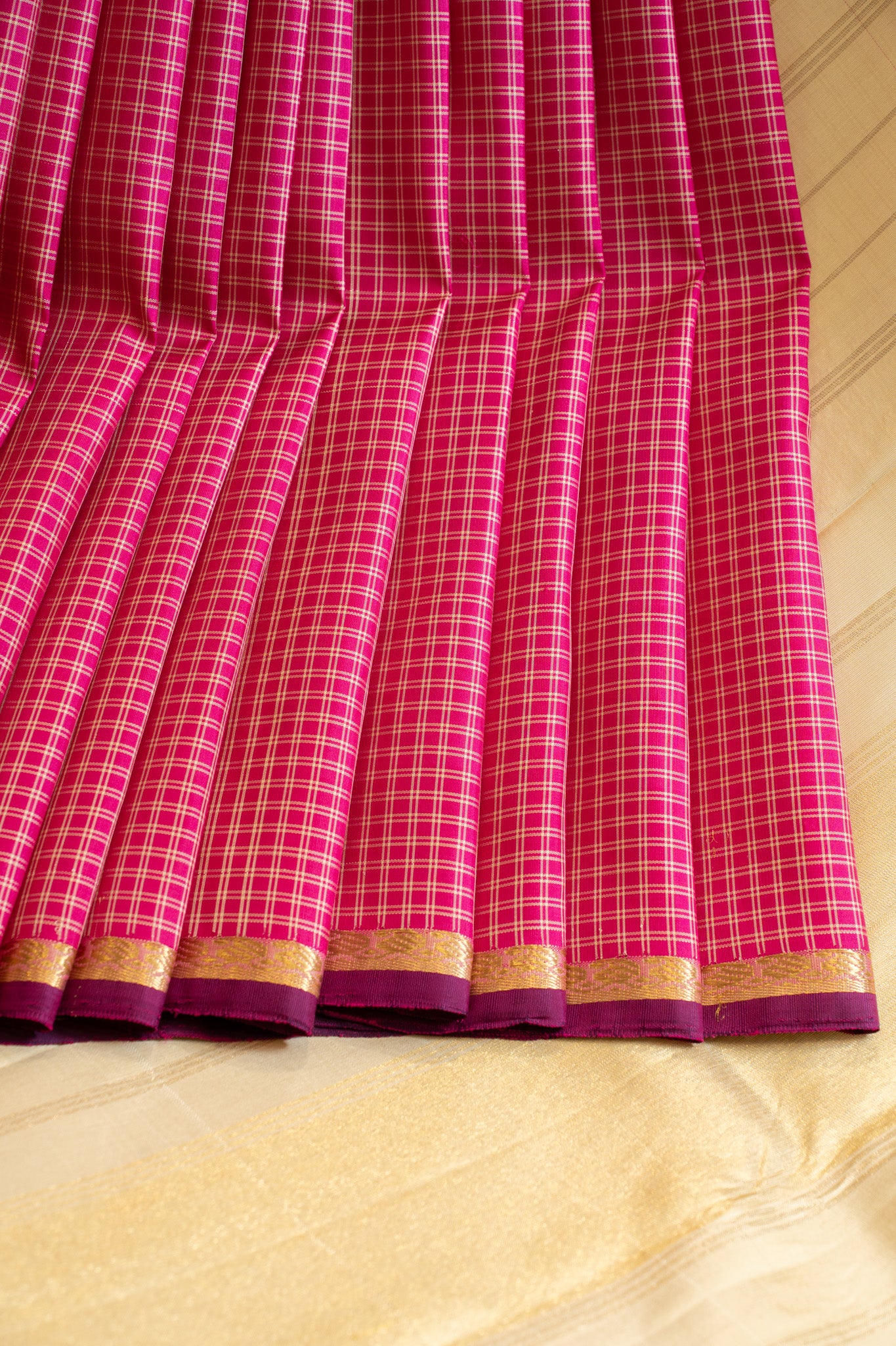 Pink double thread checks small Border pure zari Kanchipuram silk saree ...