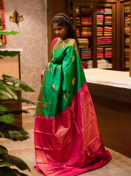 Parrot Green Paisley Pure Kanjivaram Silk Sari – Clio Silks