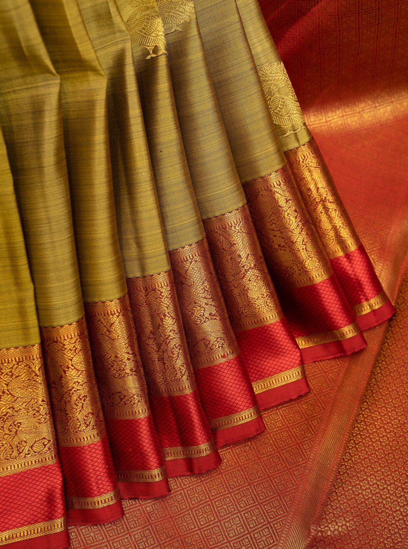 Mehendi Green and Red Kathan Border Pure Kanjivaram Silk Sari – Clio Silks