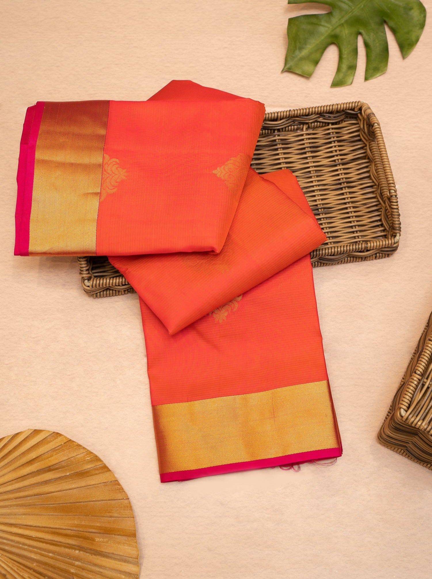 Peach Orange Thilakam Motifs Pure Kanjivaram Silk Sari – Clio Silks
